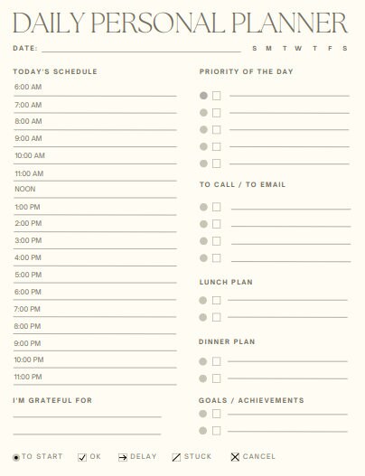Daily Personal Planner Printable, Instant Download, Minimalistic ...