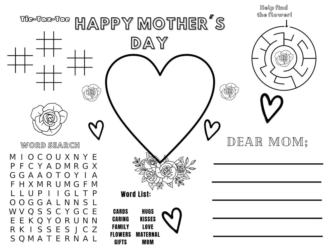 Printable Mothers Day Placemats, Printable Coloring Placemat, Kids ...