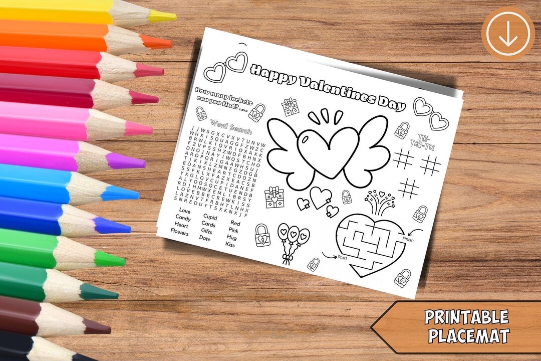 Valentine's Activity Placemat, Valentines Colouring Page, Valentines ...