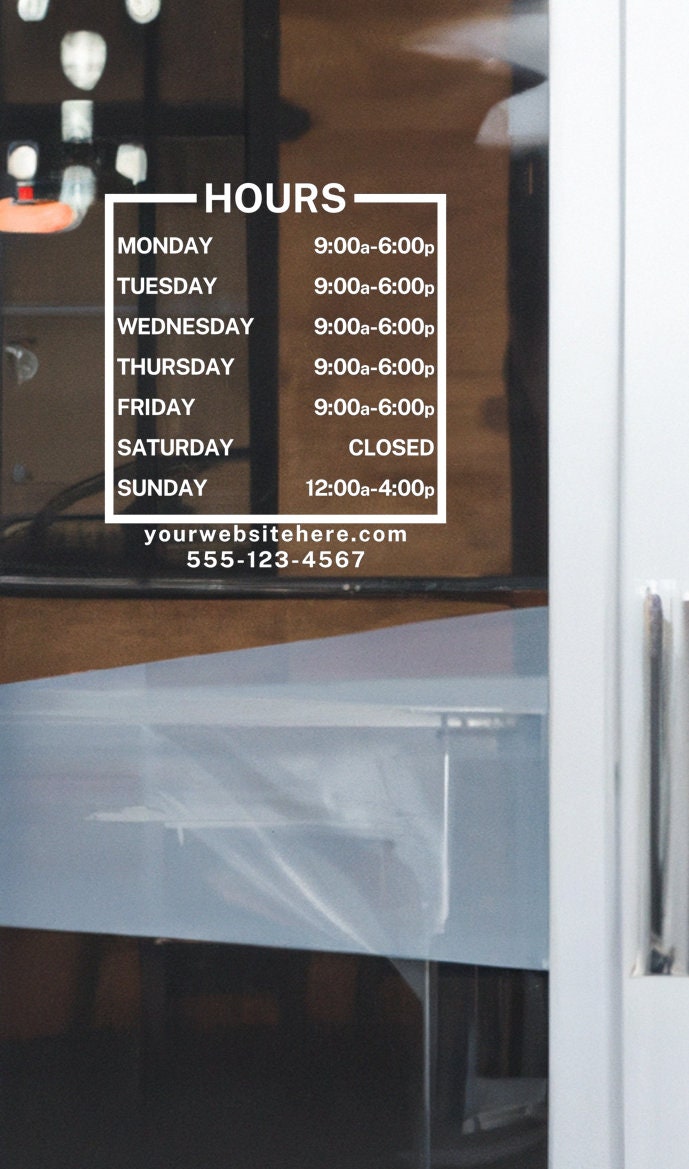 Custom Business Hours Vinyl Decal - Boxed Outline, Entrance Door or Window for Store Front - Etsy