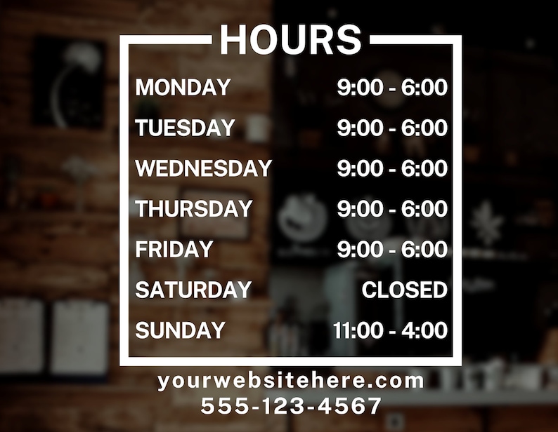 Custom Business Hours Vinyl Decal - Boxed Outline, Entrance Door or ...
