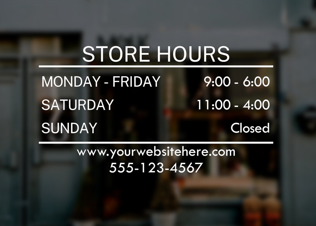 Business Hours Window Decal | Simple Hours Weekday, Saturday, Sunday ...
