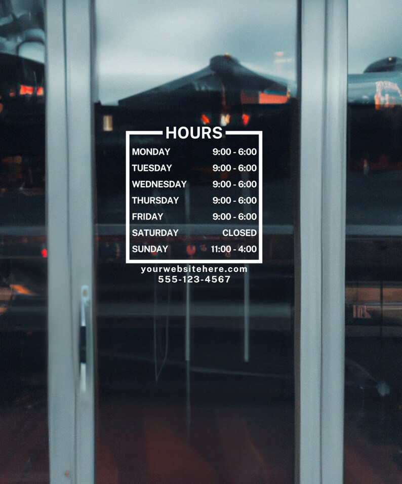 Custom Business Hours Vinyl Decal - Boxed Outline, Entrance Door or ...