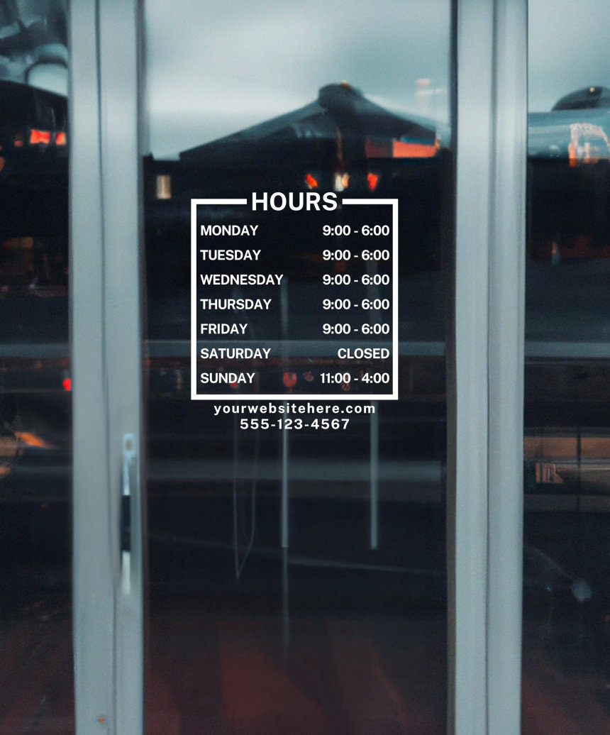 Custom Business Hours Vinyl Decal Boxed Outline, Entrance Door or ...