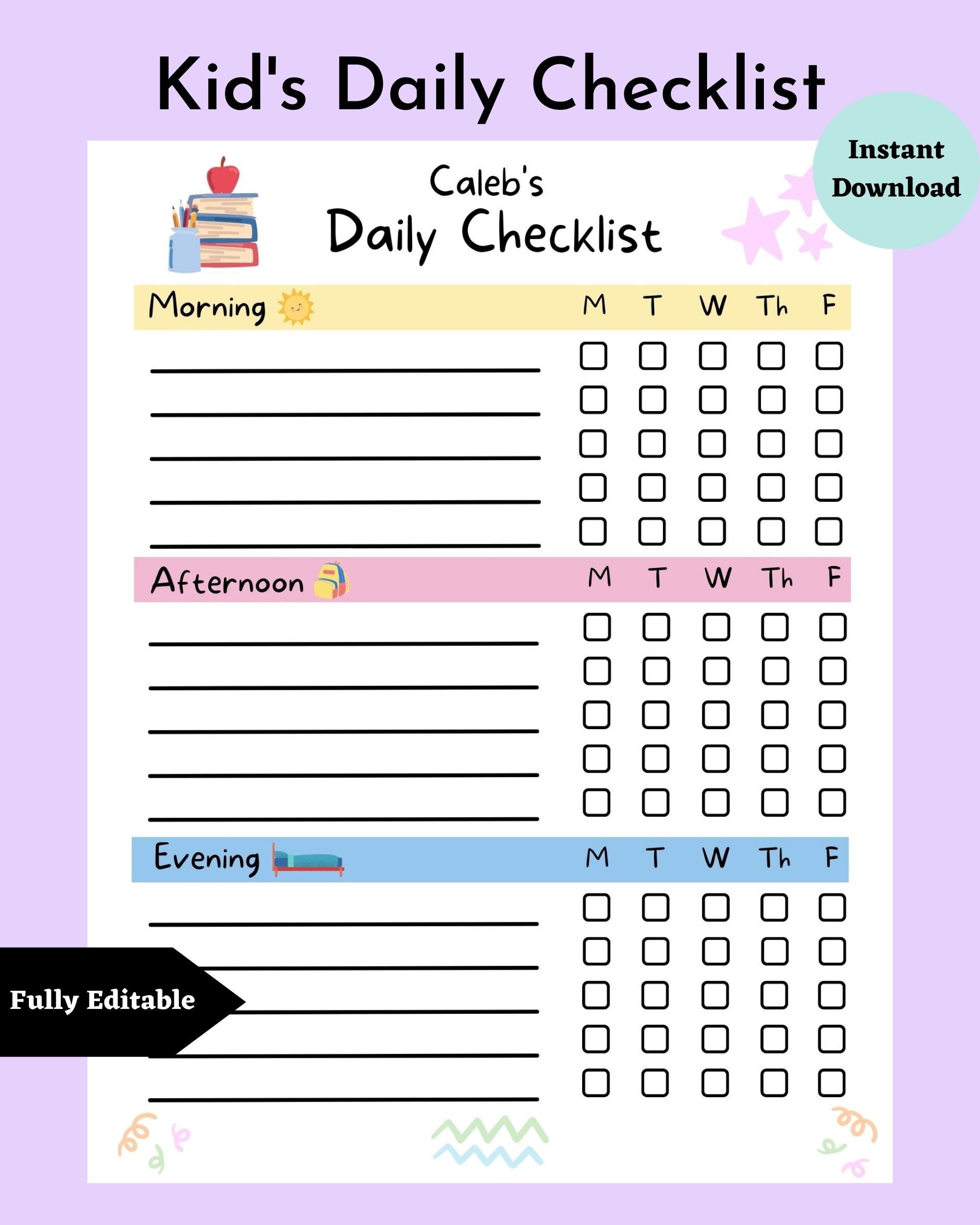 Editable Kids Daily Checklist Printable Kids Chore Chart - Etsy Canada