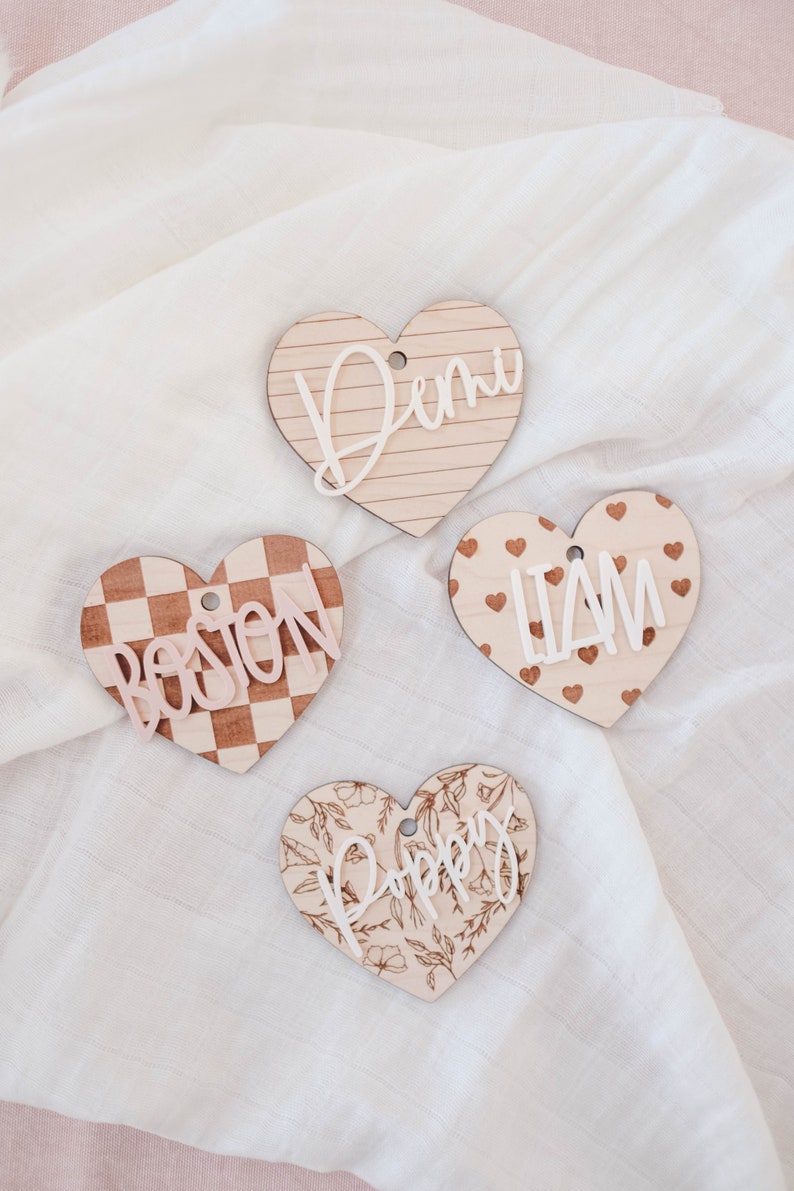 Personalized Wooden Heart Name Tag Valentine Gift Tag Custom Checkered ...