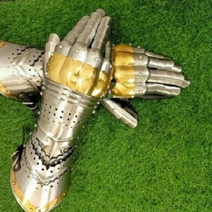 Metal Armor Gauntlet Gloves Pair Brass Accents Medieval Hand Protection ...