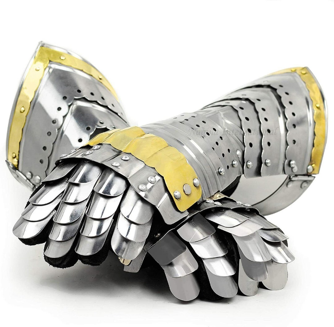 Metal Armor Gauntlet Gloves Pair Brass Accents Medieval Hand Protection ...