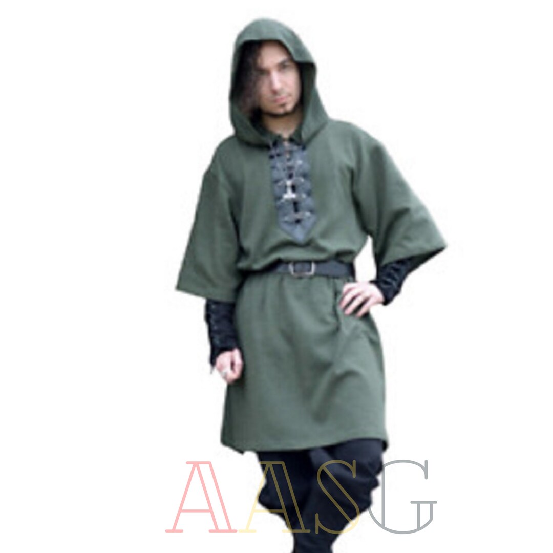 Medieval Men's Cotton Tunic Cloth Half Sleeve With Hooded Costume ...