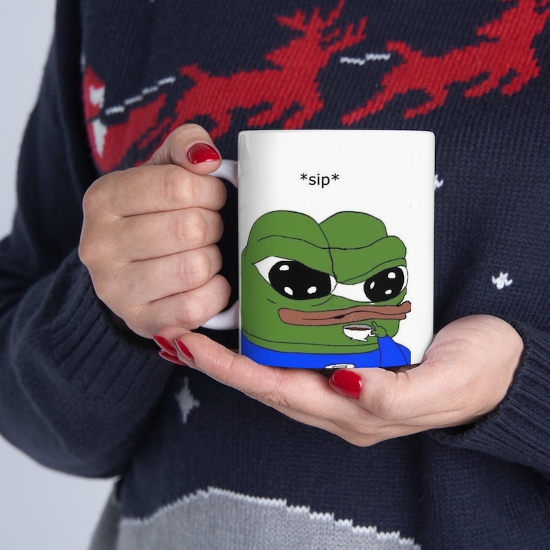 Peepo Frog Sipping Apu Meme Community Animal Frog Coffee Mug Cozy ...