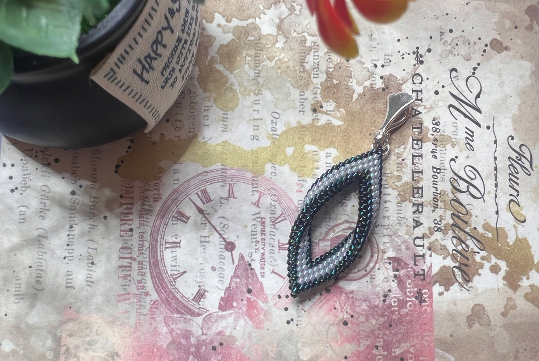 Miyuki Delica Leaf Folded Peyote Stitch Iris Gray Handmade Pendant With ...