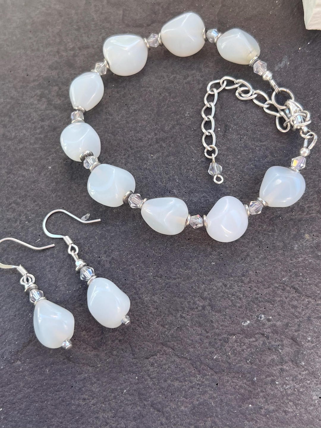 White Glass Crystal Bicone Beads Shiny Handmade Bracelet and Earrings ...
