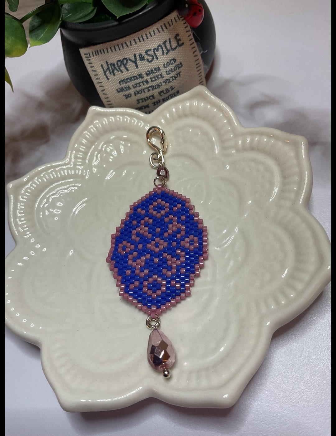 Cobalt Blue Ethnic Pattern Beaded Handmade Pendant With Pink Teardrop ...