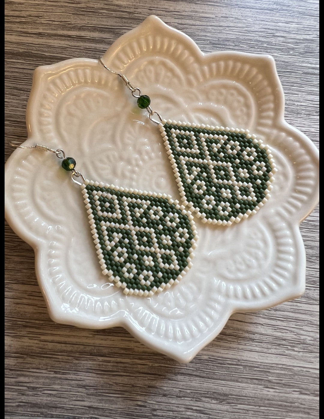 Ethnic Pattern Delica Brick Stitch Teardrop Dark Green Matte Handmade ...