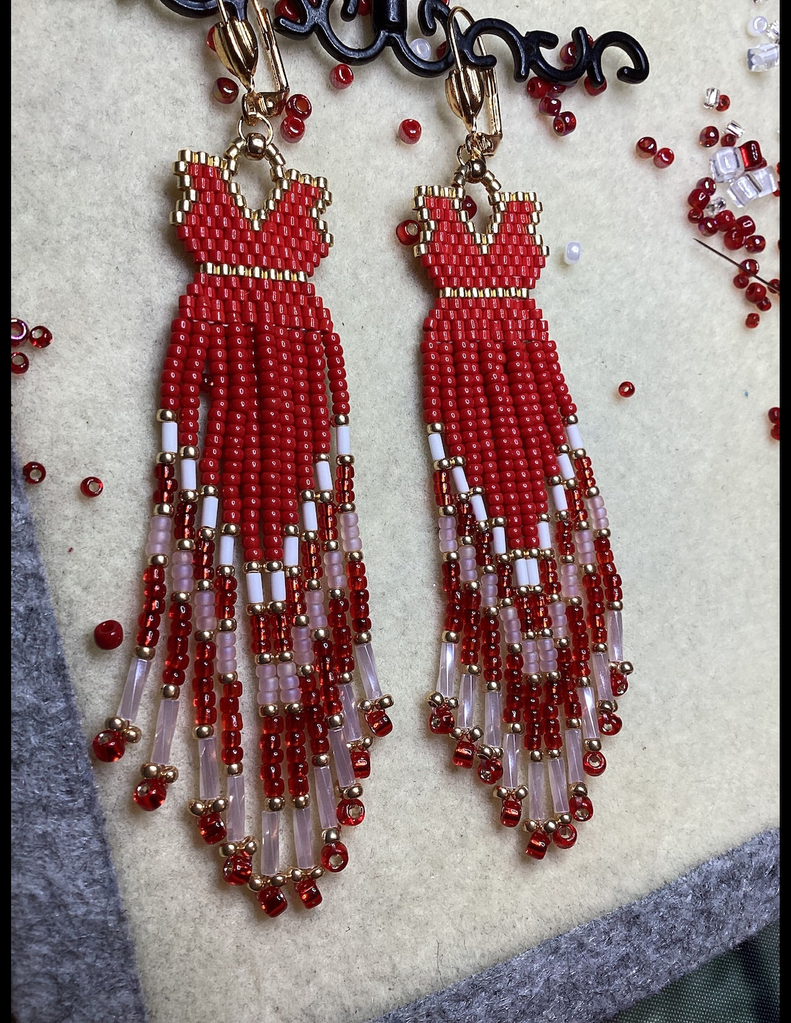 Red Gold Dress Brick Stitch Fringe MMIW Handmade Earrings - Etsy
