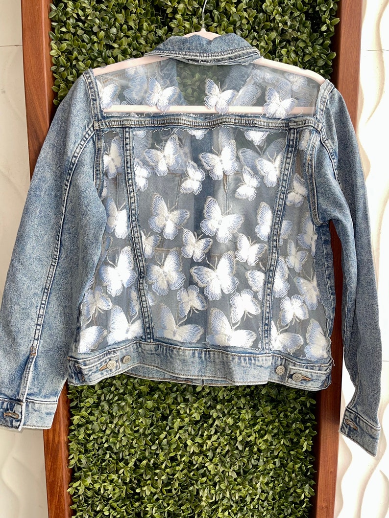 Boho Cropped Sheer Blue Butterfly Embroidered Denim Jacket - Etsy