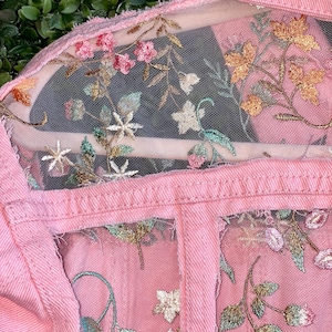 Boho Oversized Sheer Multi Colored Floral Embroidered Pink Denim Jacket ...