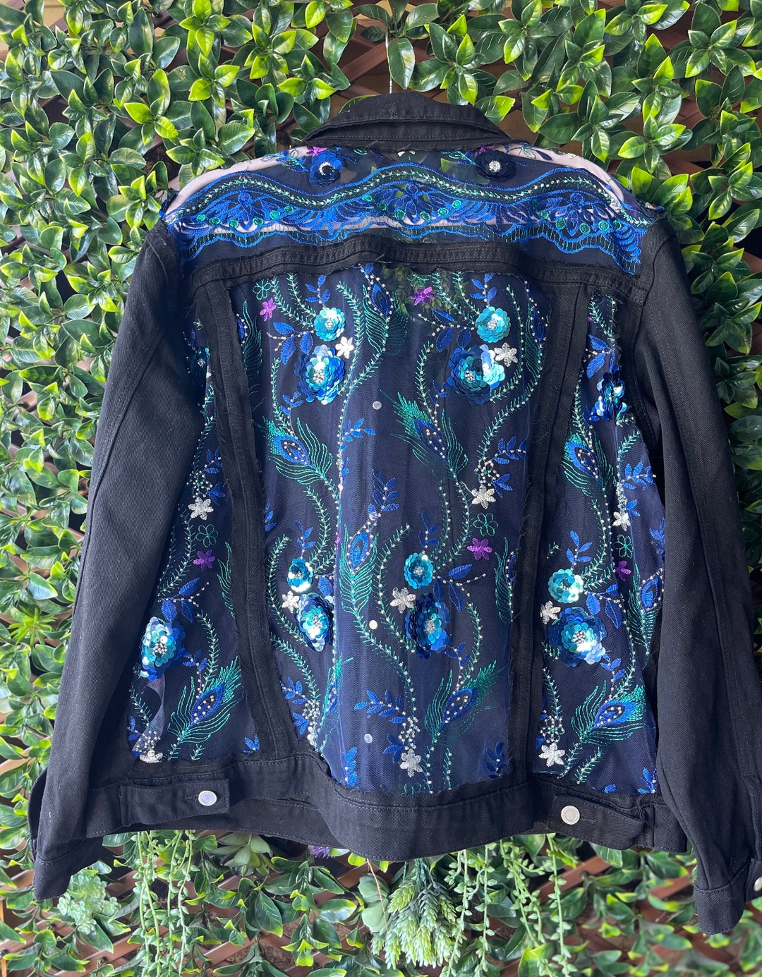 Boho Oversized Sheer Lace and Sequin Embroidered Denim Jacket - Etsy