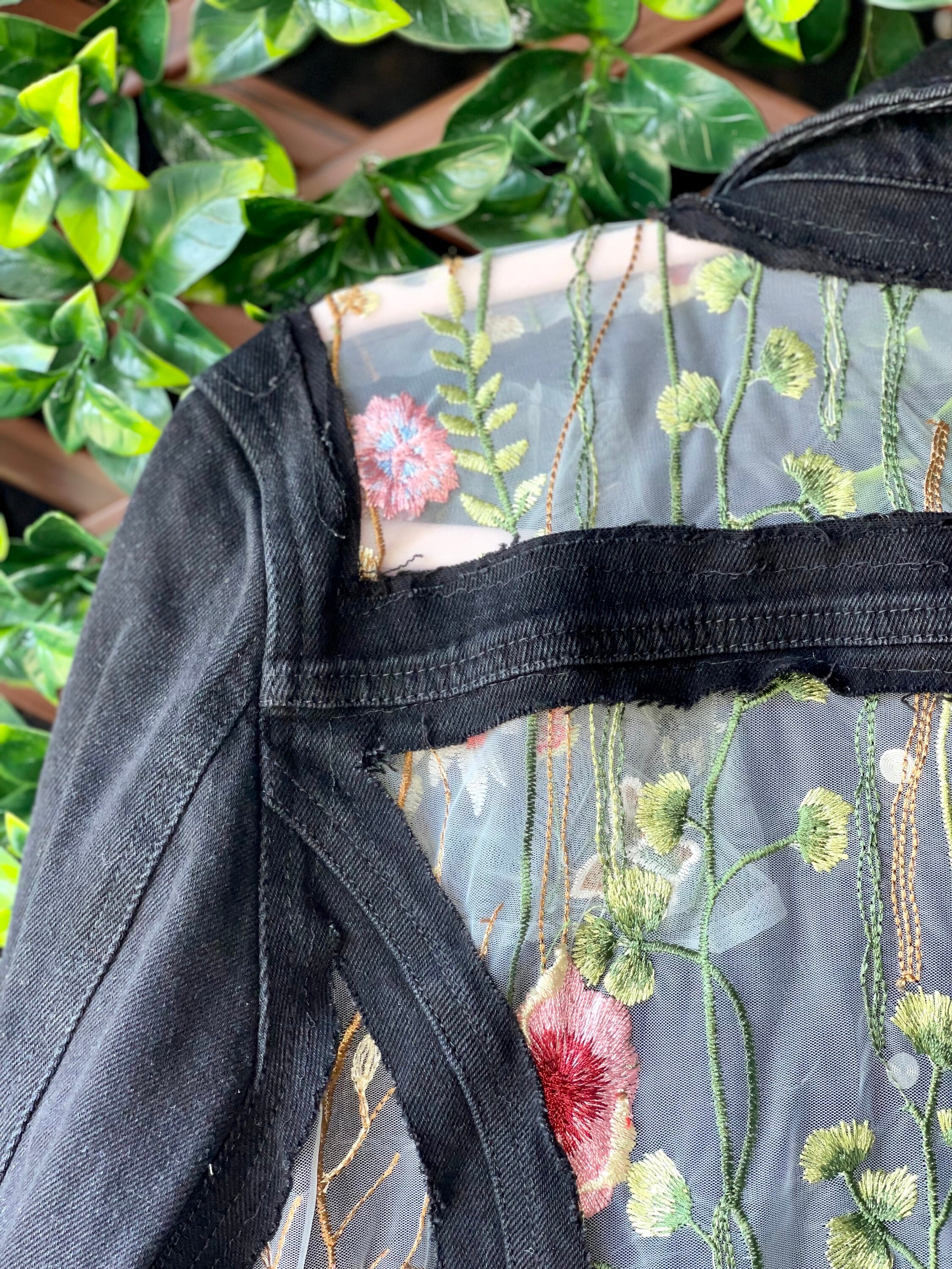 Boho Oversized Sheer Lace Embroidered Black Denim Jacket - Etsy