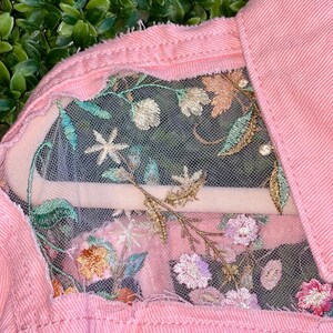 Boho Oversized Sheer Multi Colored Floral Embroidered Pink Denim Jacket ...