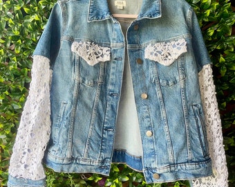Boho Oversized Sheer Lace Denim Jacket - Etsy