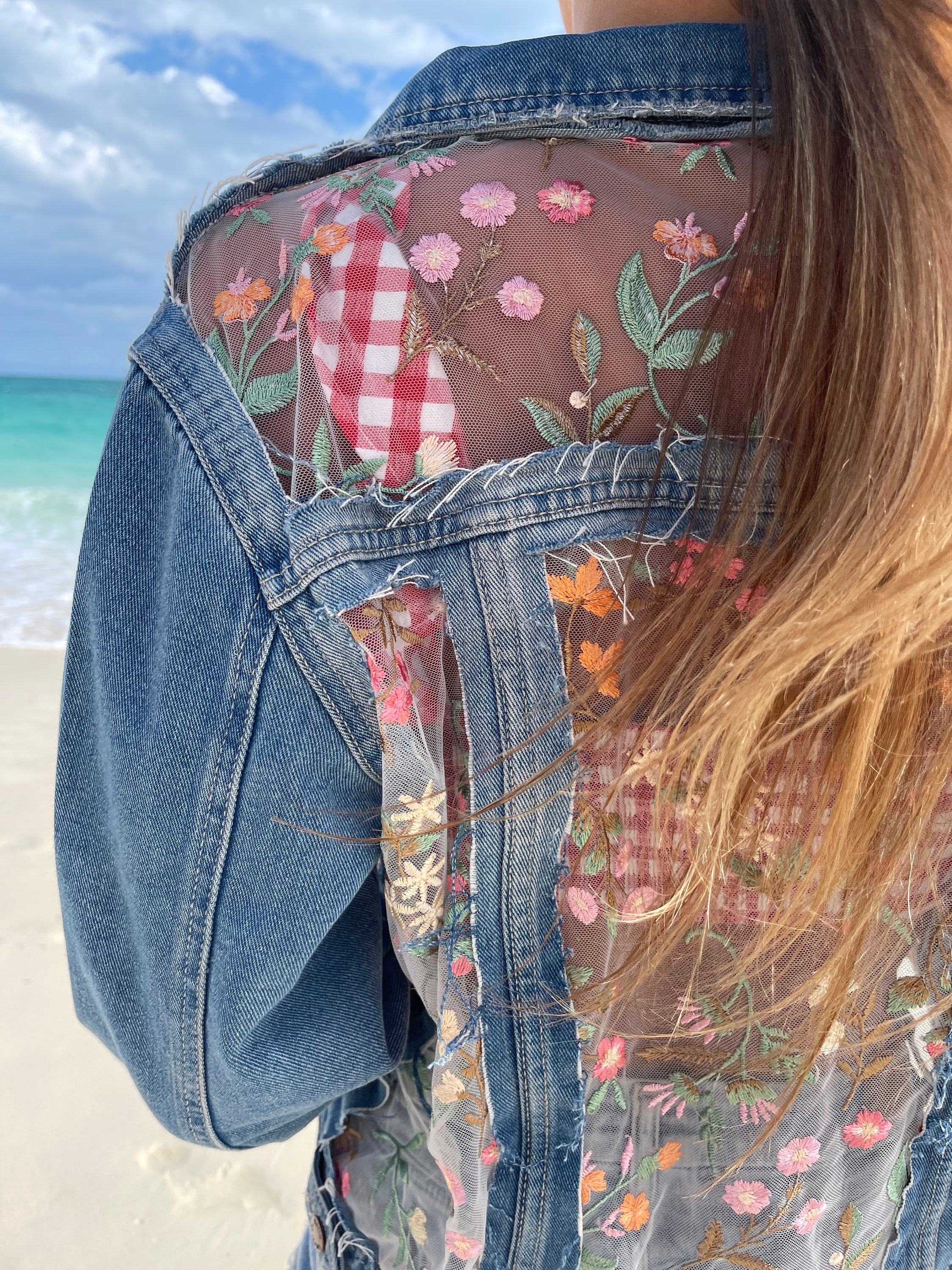 Boho Cropped Sheer Embroidered Denim Jacket - Etsy