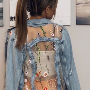 Boho Oversized Sheer Lace Embroidered Denim Jacket - Etsy