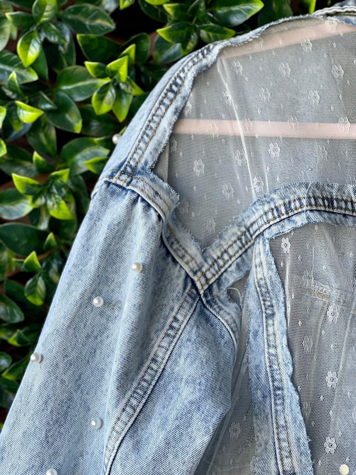 Boho Oversized Sheer Lace and Pearl Denim Jacket - Etsy
