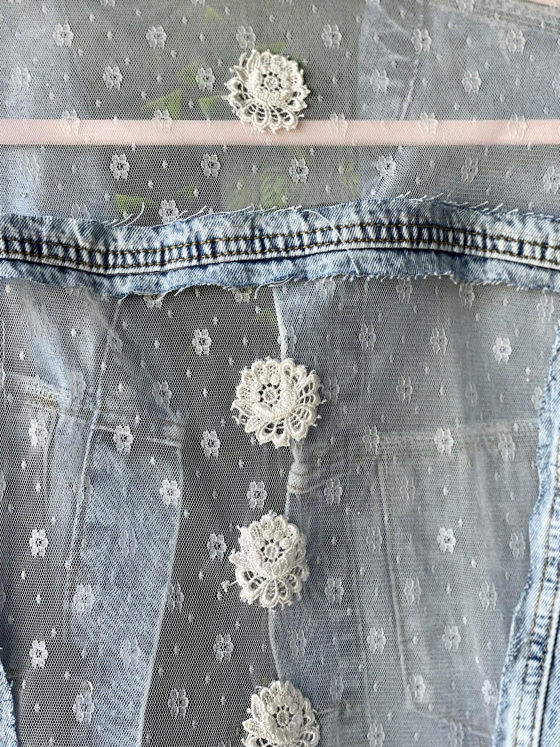 Boho Oversized Sheer Lace and Pearl Denim Jacket - Etsy
