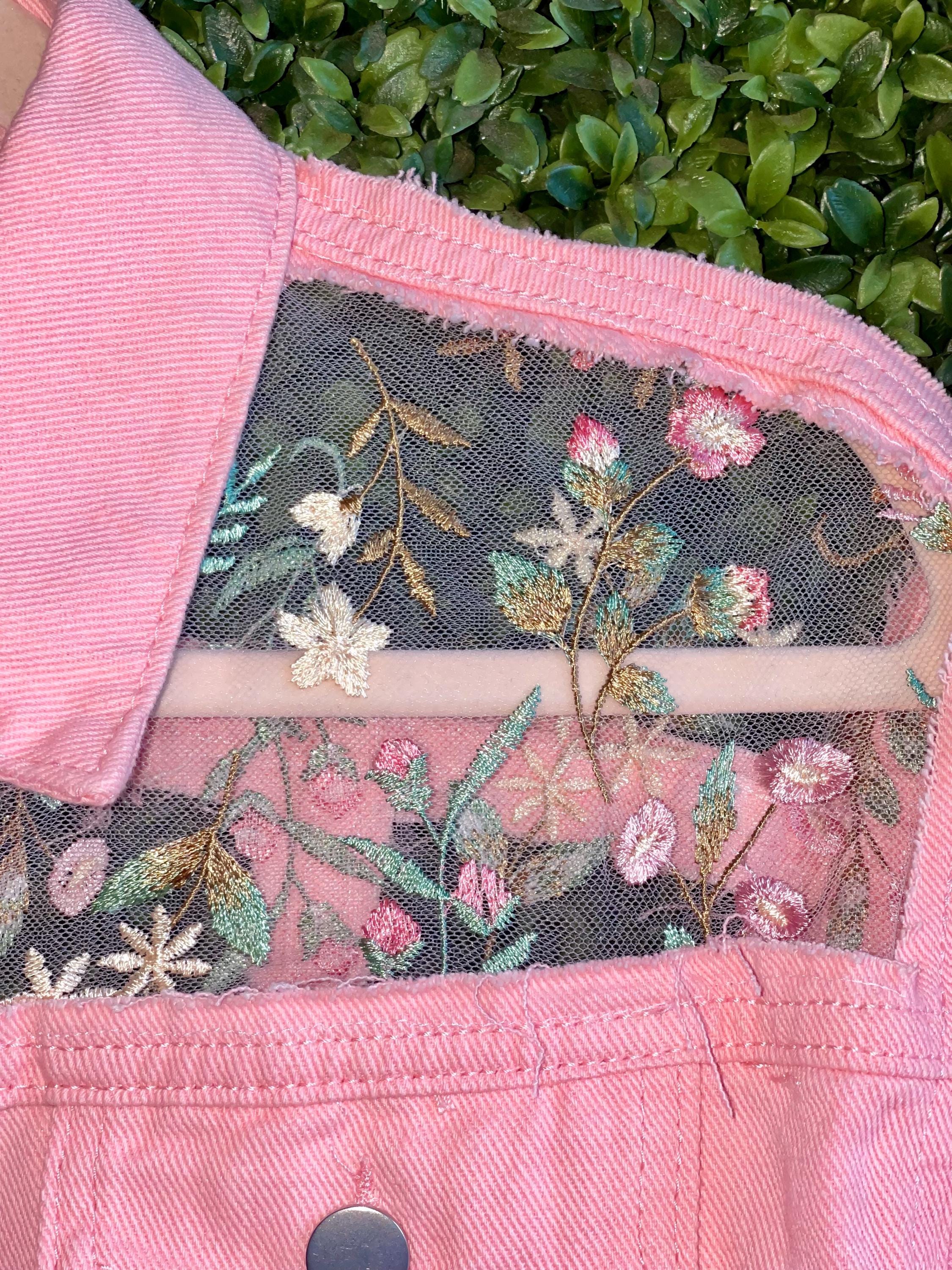 Boho Oversized Sheer Multi Colored Floral Embroidered Pink Denim Jacket ...