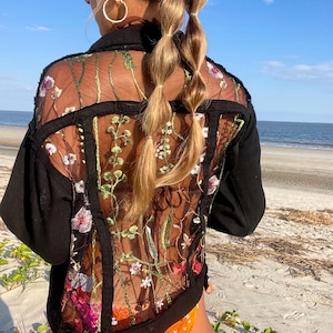 Boho Oversized Sheer Lace Embroidered Black Denim Jacket - Etsy