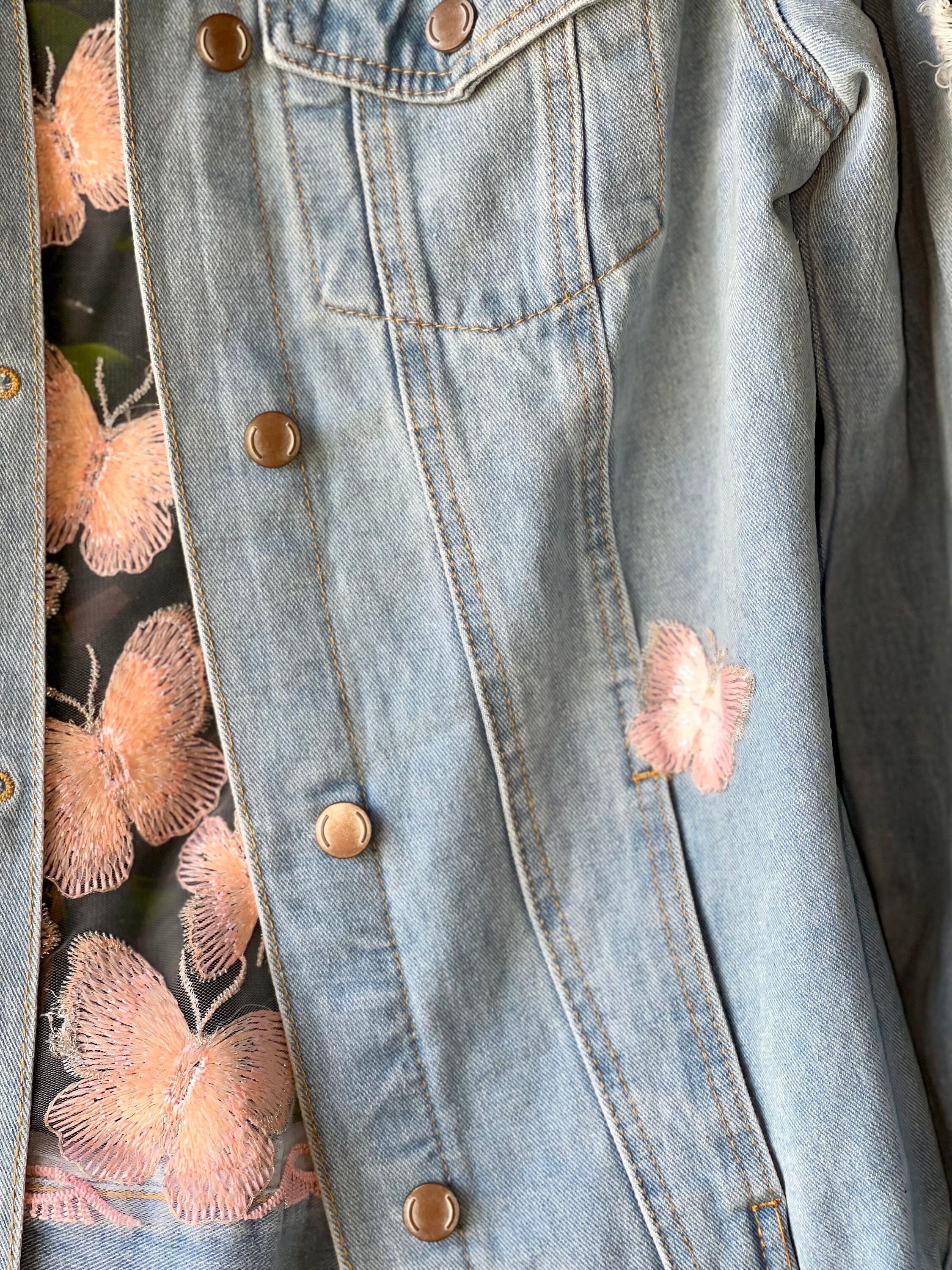 Boho Oversized Sheer Pink Butterfly Lace Denim Jacket - Etsy