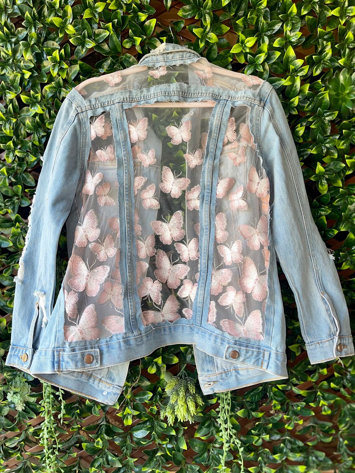 Boho Oversized Sheer Pink Butterfly Lace Denim Jacket - Etsy