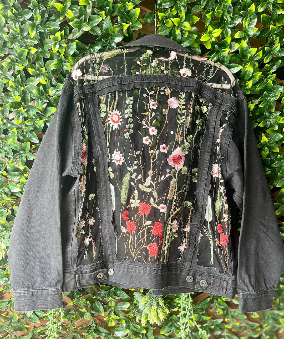 Boho Oversized Sheer Lace Embroidered Black Denim Jacket - Etsy