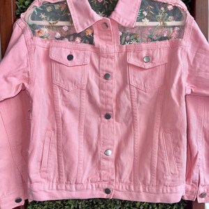 Boho Oversized Sheer Multi Colored Floral Embroidered Pink Denim Jacket ...