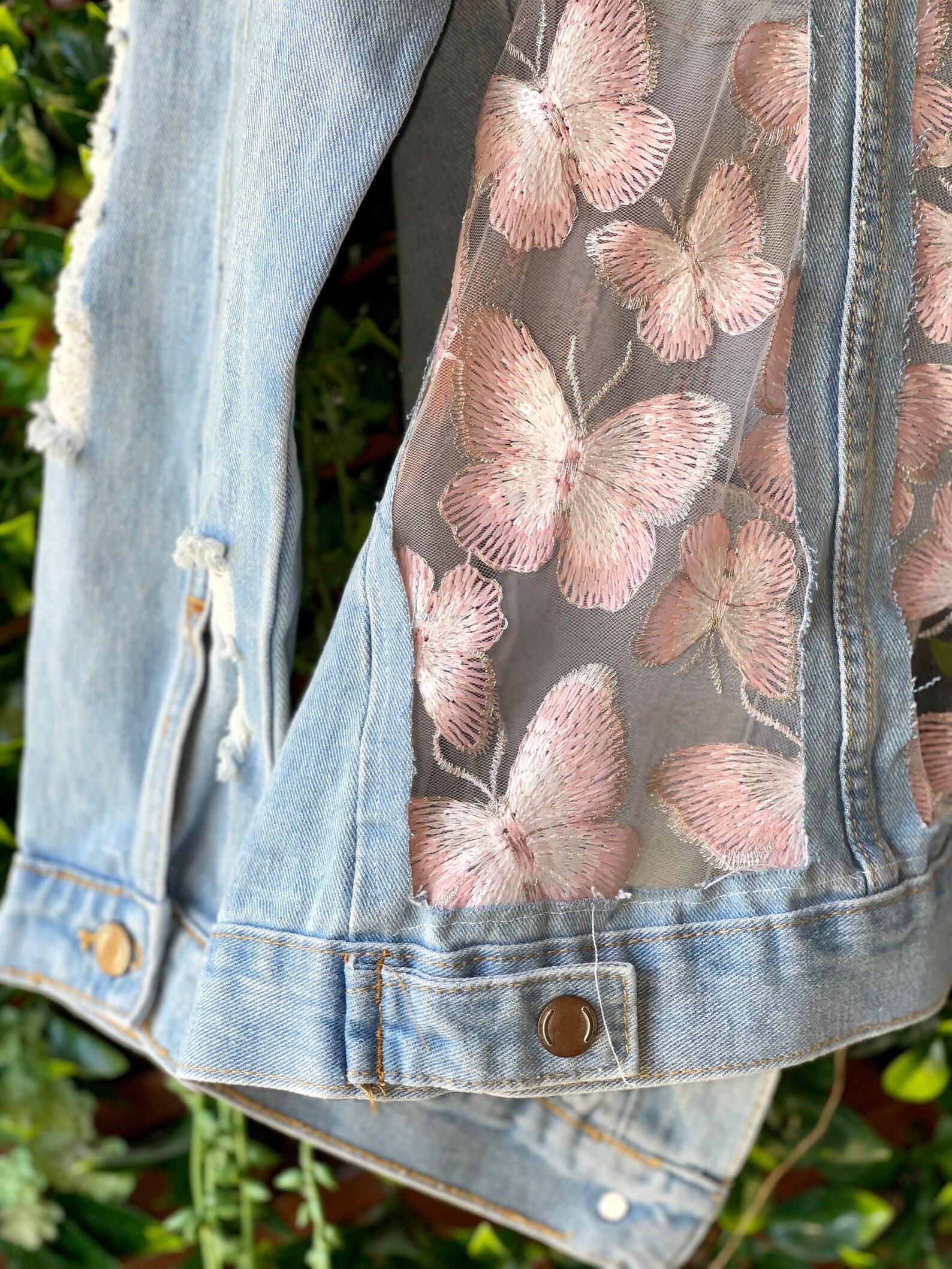 Boho Oversized Sheer Pink Butterfly Lace Denim Jacket - Etsy