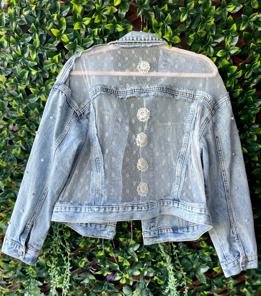 Boho Oversized Sheer Lace and Pearl Denim Jacket - Etsy