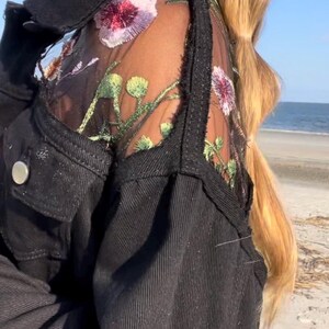 Boho Oversized Sheer Lace Embroidered Black Denim Jacket - Etsy