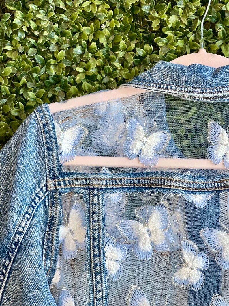 Boho Cropped Sheer Blue Butterfly Embroidered Denim Jacket - Etsy