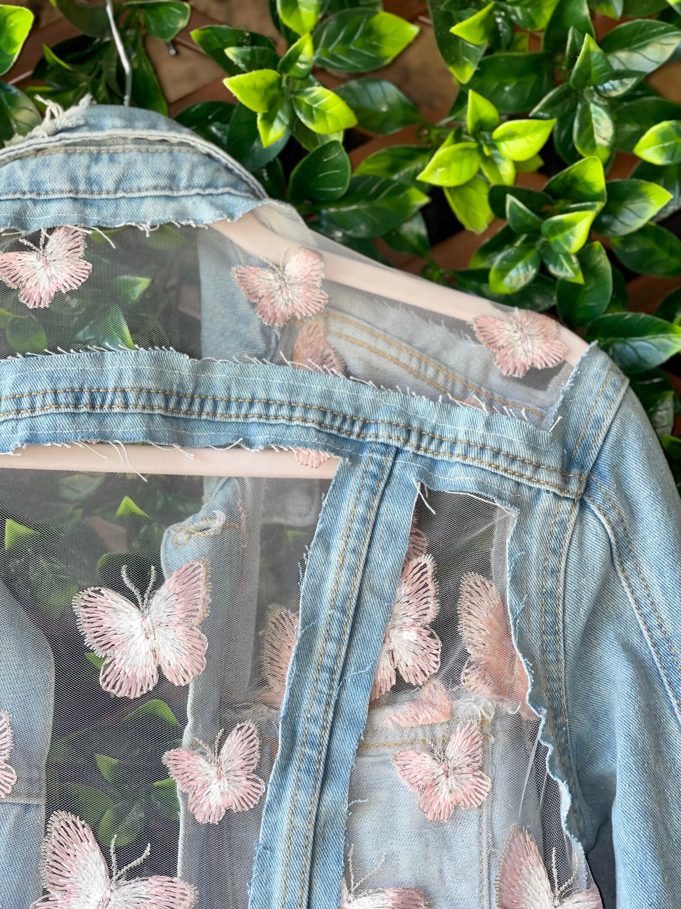 Boho Oversized Sheer Pink Butterfly Lace Denim Jacket - Etsy