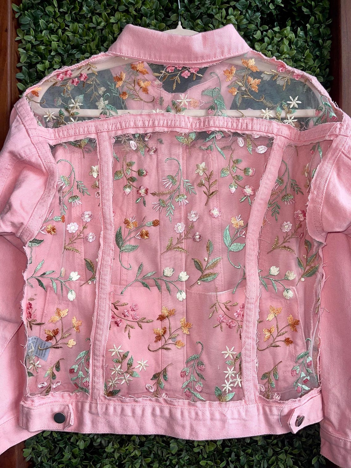 Boho Oversized Sheer Multi Colored Floral Embroidered Pink Denim Jacket ...
