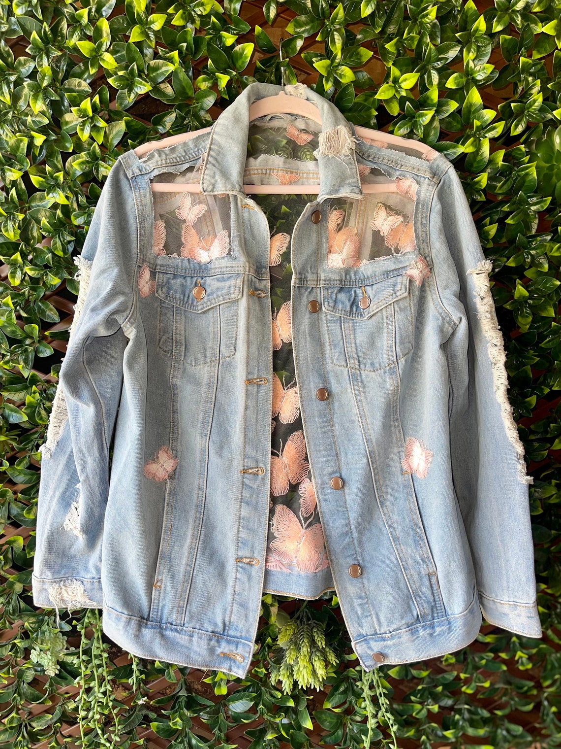 Boho Oversized Sheer Pink Butterfly Lace Denim Jacket - Etsy