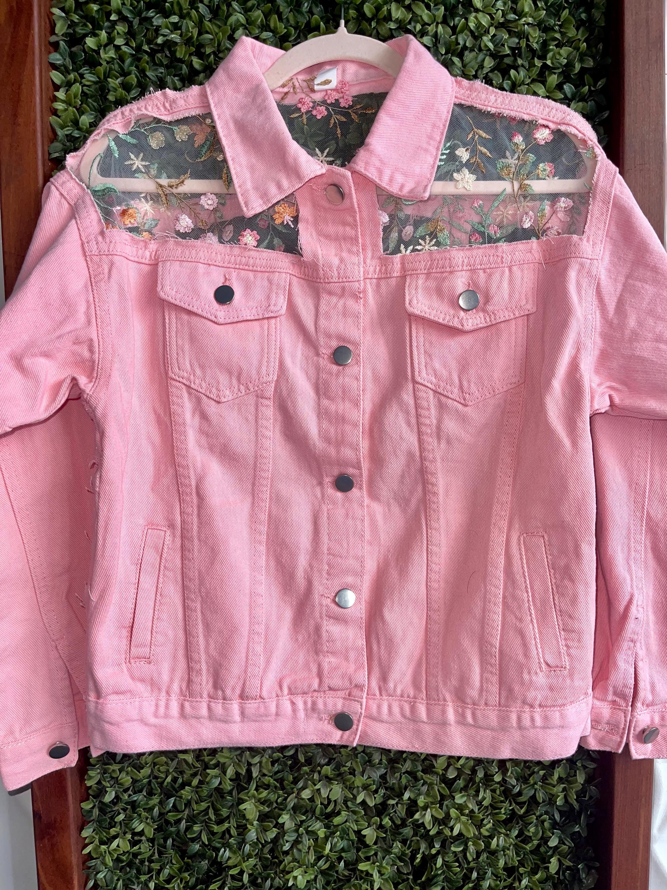 Boho Oversized Sheer Multi Colored Floral Embroidered Pink Denim Jacket ...