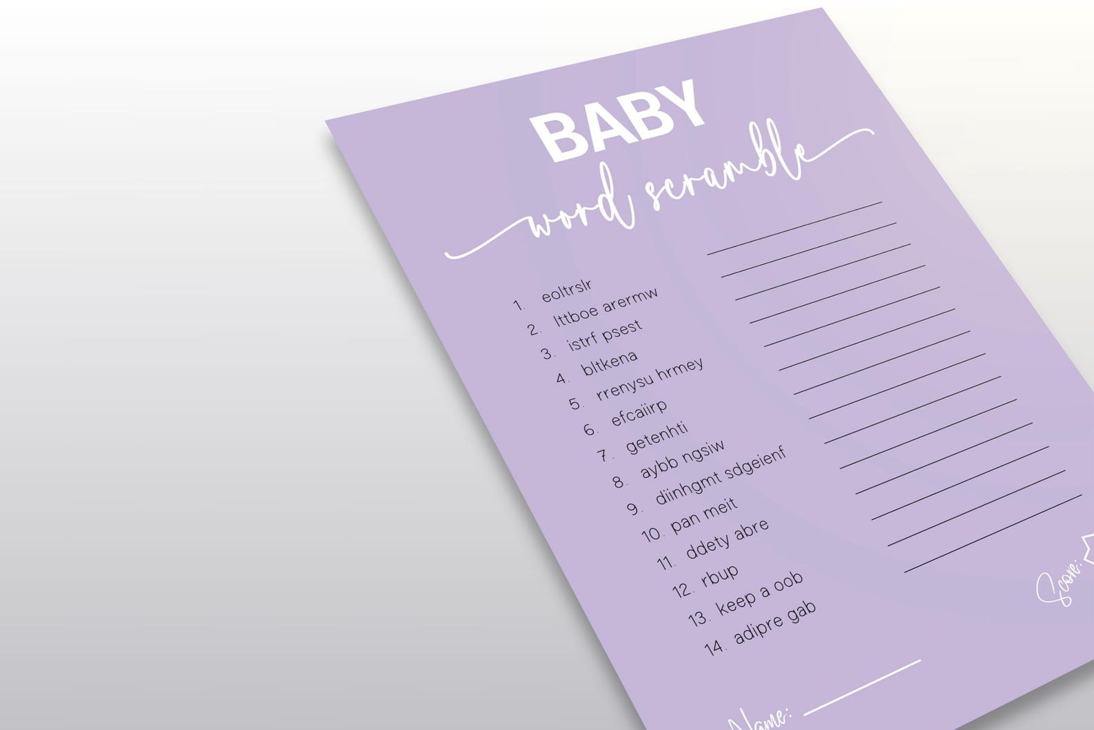 Lilac Purple | Baby Word Scramble Baby Shower Game | Minimalist ...
