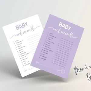 Lilac Purple | Baby Word Scramble Baby Shower Game | Minimalist ...