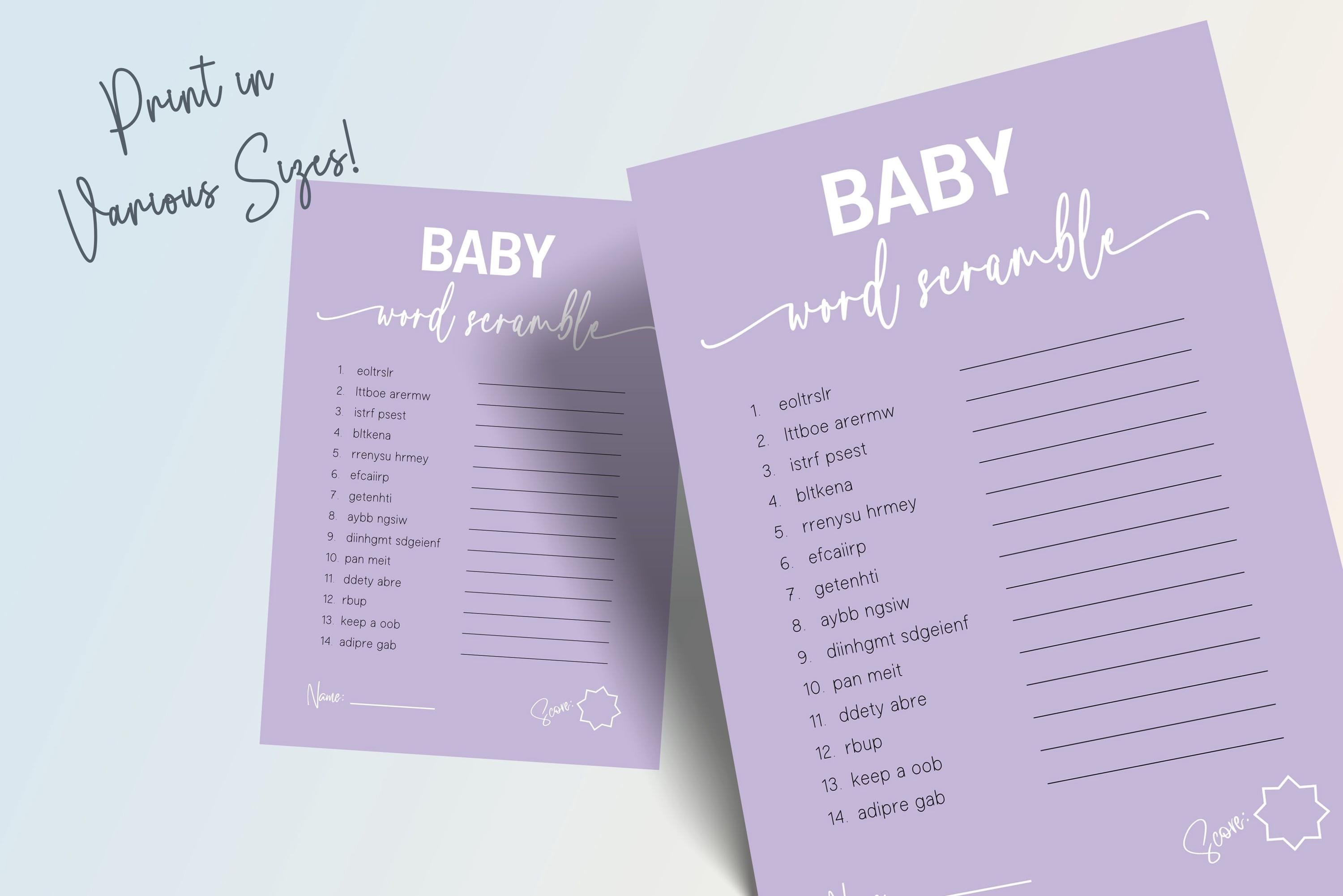 Lilac Purple | Baby Word Scramble Baby Shower Game | Minimalist ...