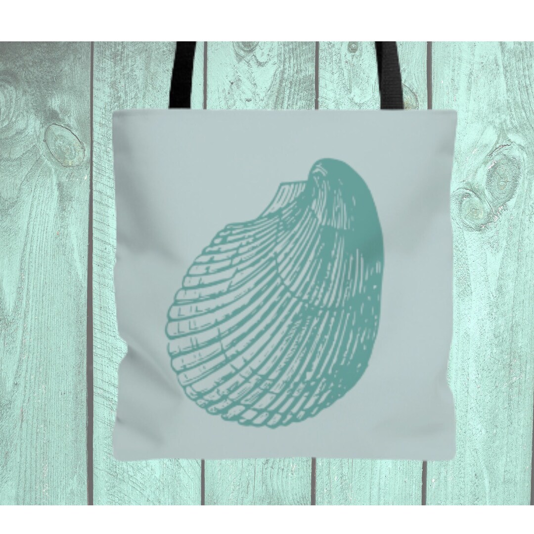 Green Clam Shell Tote Bag, Basic Beach Tote Bag With Vintage Style Clam ...