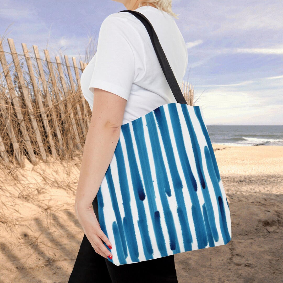 Tote Bag With Abstract Blue Line Pattern, Blue and White Tote Bag ...