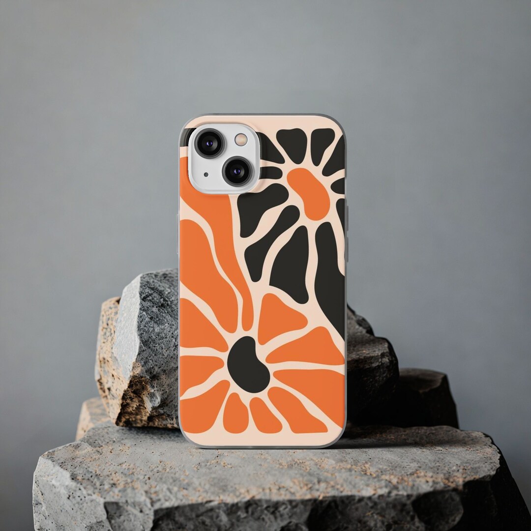 Black and Orange Abstract Floral Phone Case, Flexible Phone Case With ...