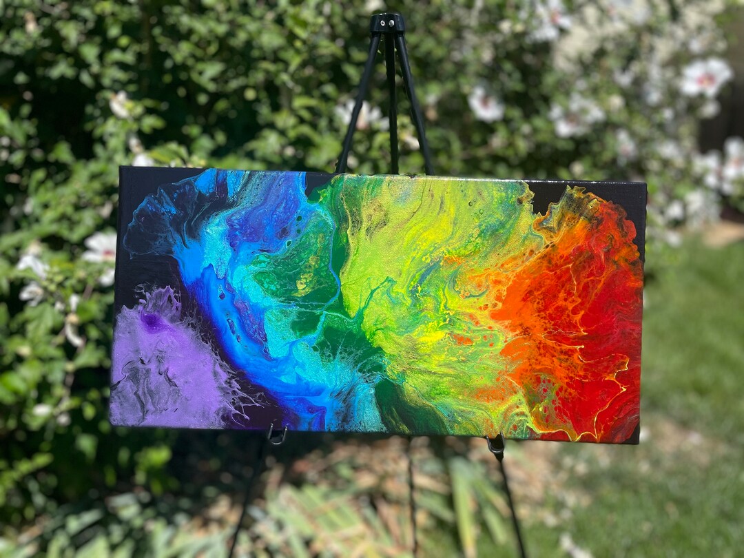 Iridescent Rainbow Acrylic Painting: Dutch Pour Fluid Art, 10x20 Canvas ...